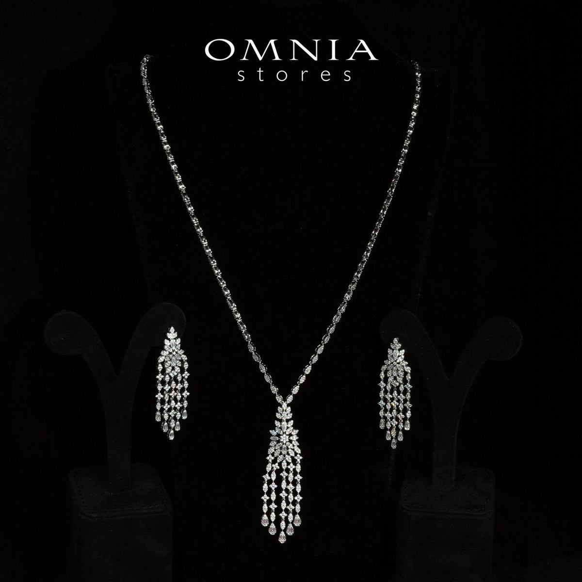 Omnia Nyra Luxury White Bridal Long Chain Necklace & Earrings Set in H